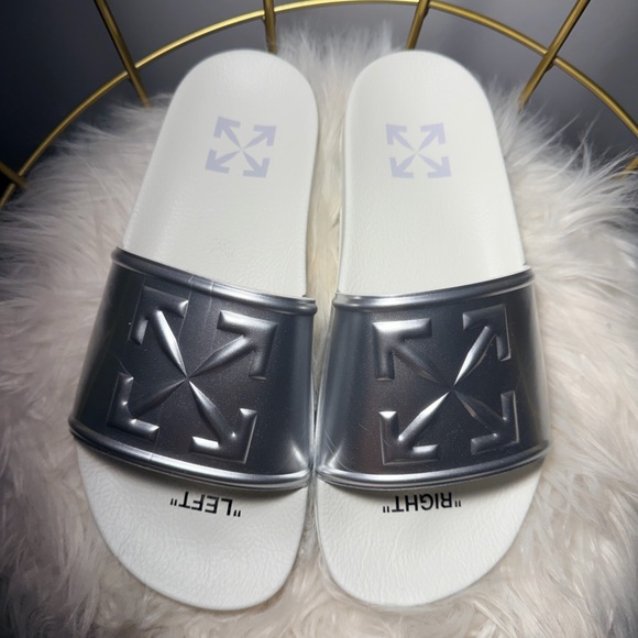 Off-White | Shoes | Offwhite Silver And White Arrow Slides | Poshmark